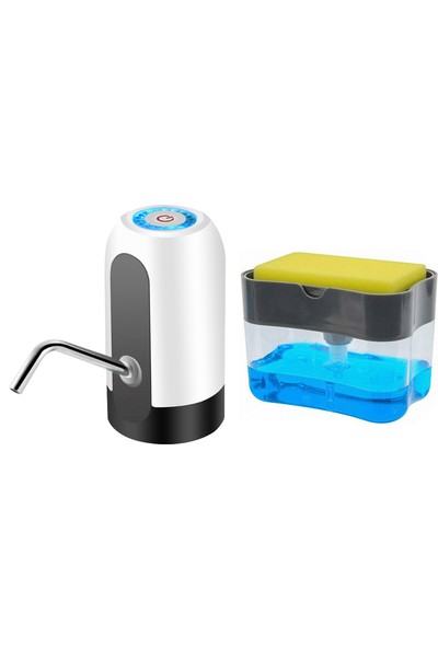 Tuna Shop Otomatik Şarjlı Damacana Su Pompası Beyaz ve Deterjan Hazneli Süngerlik