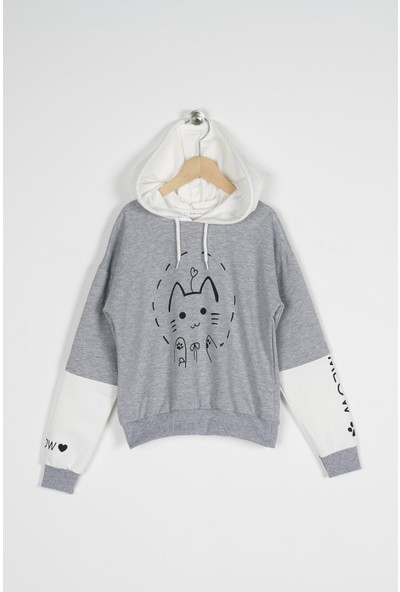 Zepkids Kız Çocuk Meow Baskılı Kapüşonlu Swearshirt 9-12 Yaş