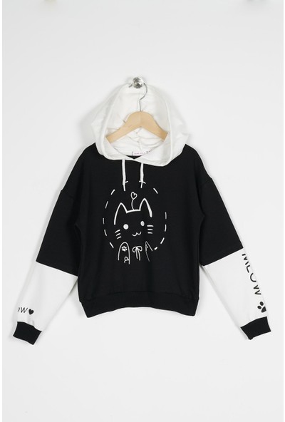 Zepkids Kız Çocuk Meow Baskılı Kapüşonlu Swearshirt 9-12 Yaş