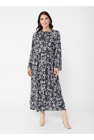 Alia Büyük Beden Çiçek Desenli Elbise - Koyu Gri - Alia Alia Büyük Beden Çiçek Desenli Elbise - Koyu Gri - Alia