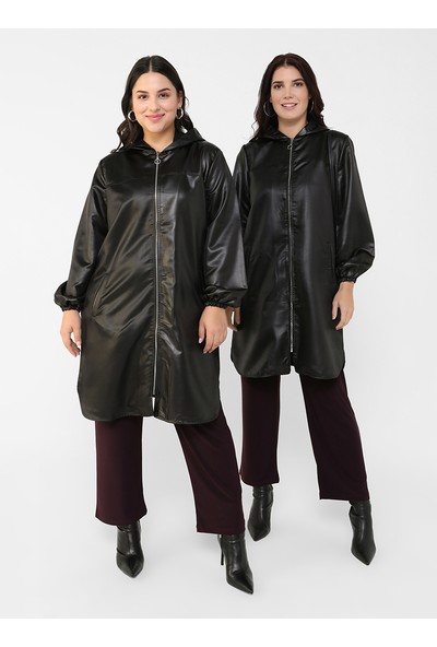 Alia Büyük Beden Fermuarlı Kap Ceket - Siyah - Alia