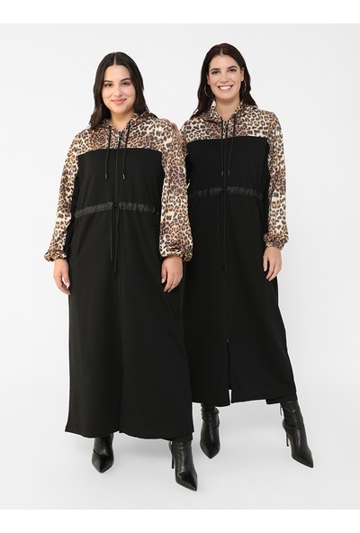 Alia Büyük Beden Leopar Desenli Kapüşonlu Kap - Siyah - Alia Alia Büyük Beden Leopar Desenli Kapüşonlu Kap - Siyah - Alia