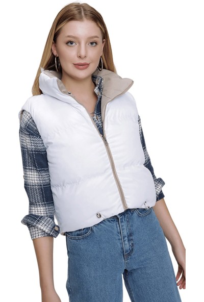 Butikburuc Kadın Beyaz Taş Çift Taraflı Çift Renk Yelek