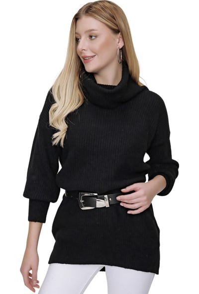 Butikburuc Kadın Siyah Degaje Yaka Triko Tunik