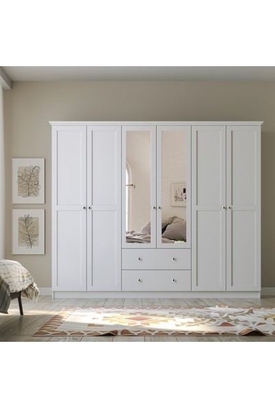 Zenio Side 6 Kapak 2 Çekmece Aynalı Gardırop - Beyaz Zenio Side 6 Kapak 2 Çekmece Aynalı Gardırop - Beyaz