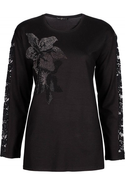 Mutlu Ertan Taşlı Dantel Detaylı Penye Bluz-Siyah Mutlu Ertan Taşlı Dantel Detaylı Penye Bluz-Siyah