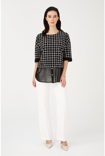 Mutlu Ertan Kare Desenli Truvakar Kol Bluz-Siyah