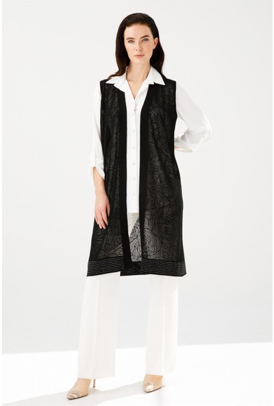 Mutlu Ertan Çiçek Desenli Uzun Triko Yelek-Siyah