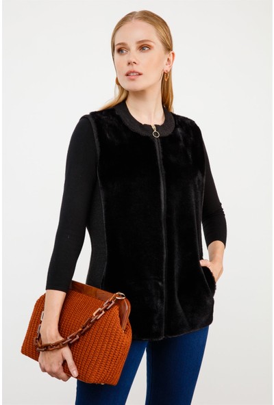Mutlu Ertan Kürklü Fermuarlı Triko Yelek-Siyah