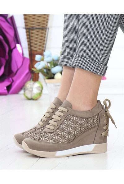 Nesil Shoes Dnr 286 Kum Süet Gizli Topuk Günlük Kadın Ayakkabısı