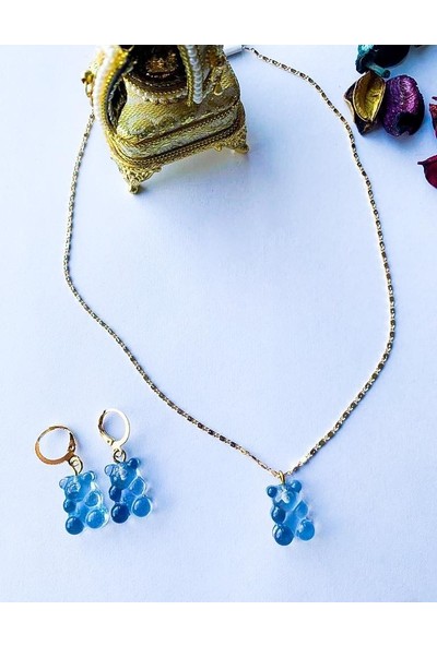 Mingy Açık Mavi Jelibon Ayıcıklı Haribo Model Gold Zincir Kolye ve Altın Kaplama Küpe Seti Mingy Açık Mavi Jelibon Ayıcıklı Haribo Model Gold Zincir Kolye ve Altın Kaplama Küpe Seti