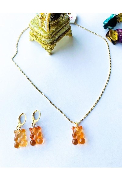 Mingy Turuncu Jelibon Ayıcıklı Haribo Model Gold Zincir Kolye ve Altın Kaplama Küpe Seti Mingy Turuncu Jelibon Ayıcıklı Haribo Model Gold Zincir Kolye ve Altın Kaplama Küpe Seti