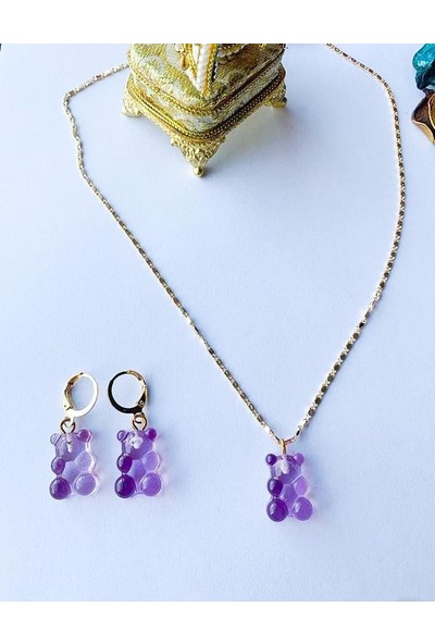 Mingy Lila Jelibon Ayıcıklı Haribo Model Gold Zincir Kolye ve Altın Kaplama Küpe Seti Mingy Lila Jelibon Ayıcıklı Haribo Model Gold Zincir Kolye ve Altın Kaplama Küpe Seti