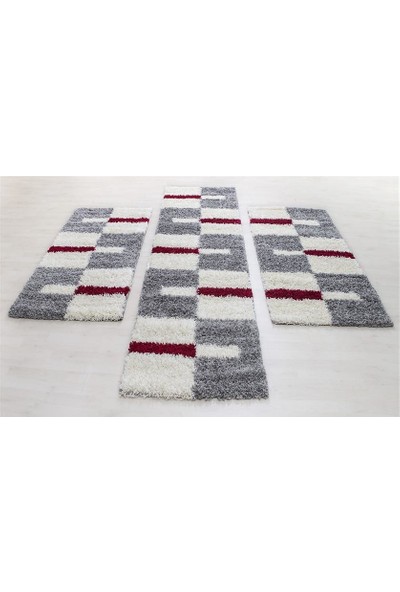 Oves Home Yolluk Set 3 Lü Yatak Odası Takımı Desenli Shaggy Halı Kırmızı Krem