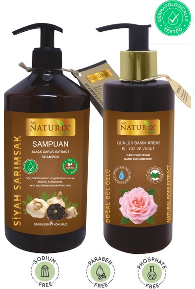 Naturix Kokusuz Tuzsuz Siyah Sarımsak Özlü Şampuan 600 ml + Gül Özlü El Yüz Vücut Bakım Kremi 250 ml