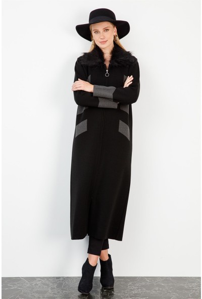 Mutlu Ertan Uzun Kürklü Triko Pardösü-Siyah Mutlu Ertan Uzun Kürklü Triko Pardösü-Siyah