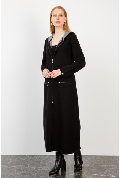 Mutlu Ertan Çizgili Fermuarlı Triko Pardösü-Siyah-Ekru