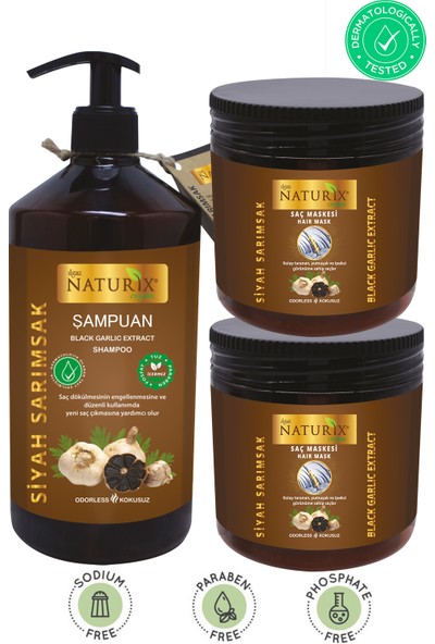 Naturix Saç Dökülme Karşıtı Kokusuz Siyah Sarımsak Şampuan 600 ml + 2 Adet Kokusuz Sarımsak Saç Maskesi 500 ml