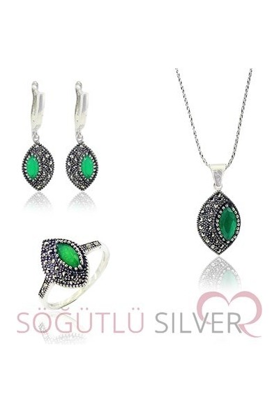 Söğütlü Silver Markazit ve Kök Zümrüt Taşlı Üçlü Set
