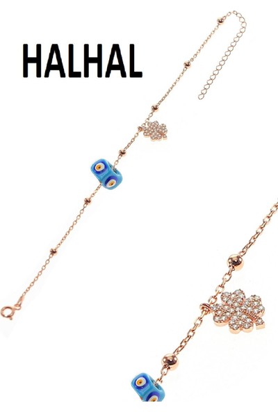 Söğütlü Silver Gümüş Yonca ve Mineli Turkuaz Taşlı Toplu Zincir Halhal