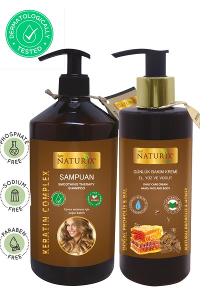 Naturix Tuzsuz Keratin Brezilya Fön Sonrası Şampuan 600 ml + Bal & Propolis El Yüz Vücut Losyonu 250 ml