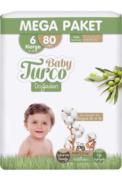Baby Turco Bebek Bezi Doğadan Beden:6 (16-25 Kg) Xlarge 80'li Mega Baby Turco Bebek Bezi Doğadan Beden:6 (16-25 Kg) Xlarge 80'li Mega