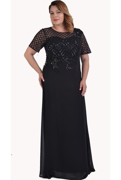 Lilas Xxl Büyük Beden Pul Payetli Baklava Desen Siyah Renkli Şifon Elbise