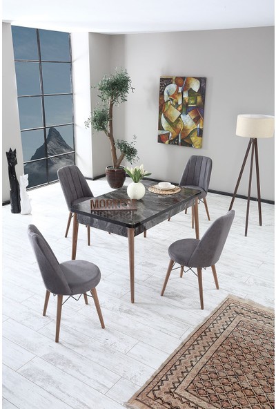 Morkese Alive Serisi Siyah Mermer Gold 4 Sandelyeli Açılabilir Yemek ve Mutfak Masa Takımı - Gri