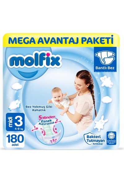Molfix Bebek Bezi 3 Beden Midi Mega Avantaj Paketi 180 Adet Molfix Bebek Bezi 3 Beden Midi Mega Avantaj Paketi 180 Adet