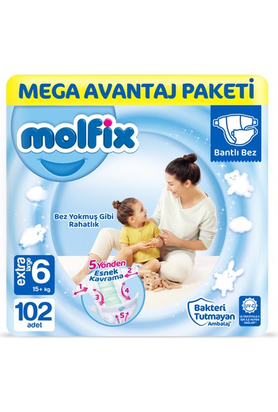 Molfix Bebek Bezi 6 Beden E.Large Mega Avantaj Paketi 102 Adet Molfix Bebek Bezi 6 Beden E.Large Mega Avantaj Paketi 102 Adet
