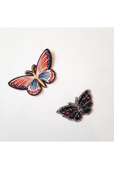 Sheen Dmr Ütü ile Yapışan Boncuklu -Nakış Işlemeli Kelebek Arma-Yama-Patch (Ikili Set)