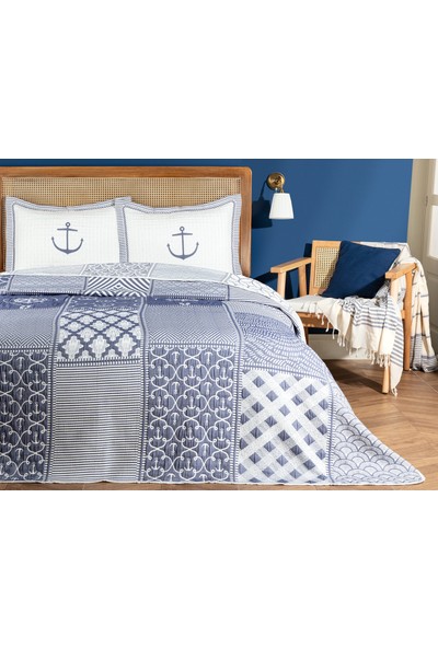 Madame Coco Marine Çift Kişilik Yatak Örtüsü - Beyaz / Indigo