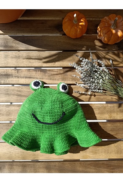 Handmade Kurbağa Desenli Çocuk Şapkası, %100 Pamuk Handmade Kurbağa Desenli Çocuk Şapkası, %100 Pamuk