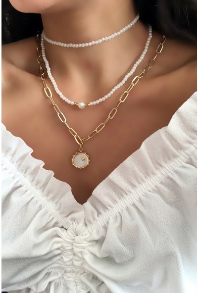 His Takı Incili Güneş Uçlu 3'lü Kombin Kolye