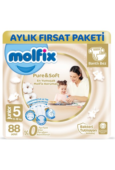 Molfix Pure&Soft 5 Beden Junior Aylık Fırsat Paketi 88 Adet Molfix Pure&Soft 5 Beden Junior Aylık Fırsat Paketi 88 Adet