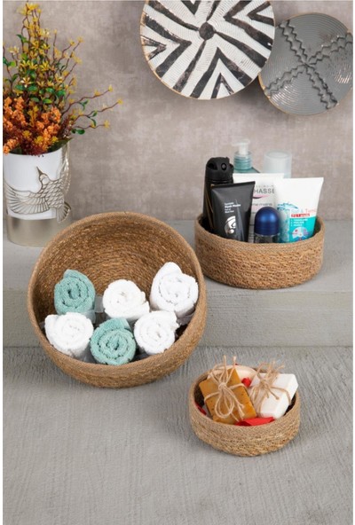 Homenıva Naturel Hasır Sepet Organizer, Banyo Organizer, Bej Şeritli 3 Boy