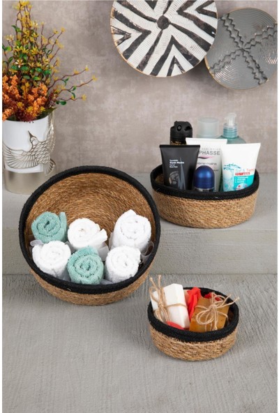 Homenıva Naturel Hasır Sepet Organizer, Banyo Organizer, Siyah Şeritli 3 Boy