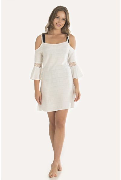 Loya - Ekru Omuz Detaylı Mini Elbise Pareo