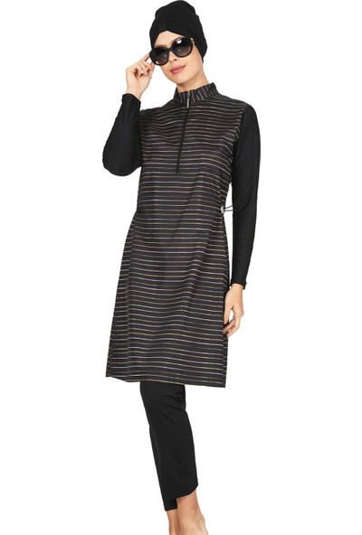 NBB Siyah Çizgili Dokuma Tesettür Mayo