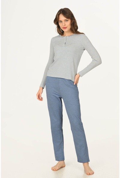 NBB Mavi Melanj Çizgili Kaşkorse Pijama Takımı
