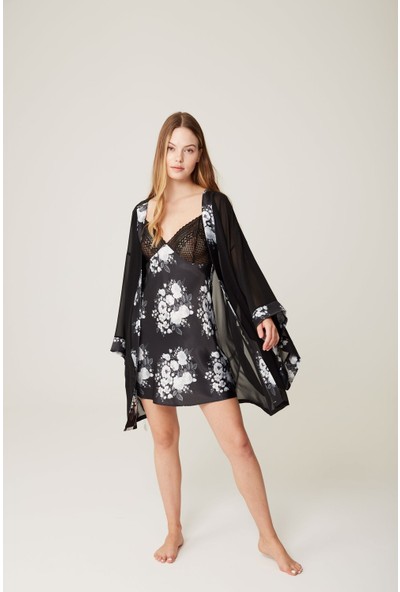 NBB Siyah Saten Gecelik Sabahlık Takımı