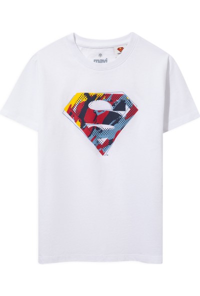 Mavi Superman Baskılı Beyaz Tişört