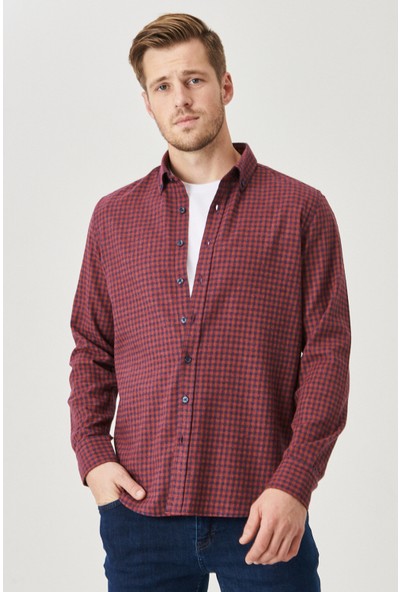 AC&Co / Altınyıldız Classics Slim Fit Dar Kesim Alttan Düğmeli Yaka Baskılı Lacivert Gömlek AC&Co / Altınyıldız Classics Slim Fit Dar Kesim Alttan Düğmeli Yaka Baskılı Lacivert Gömlek
