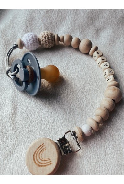 Krem-Beyaz Örgü Detaylı Isımlı Bebek Emzik Zinciri-Emzik Askısı Krembeyaz