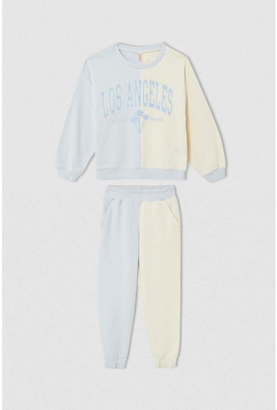 DeFacto Kız Çocuk Baskı Bisiklet Yaka Renk Bloklu Uzun Kollu 2'li Takımı W3017A621AU