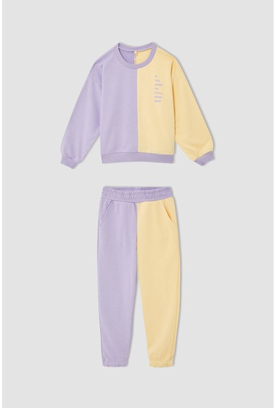 DeFacto Kız Çocuk Baskı Bisiklet Yaka Renk Bloklu Uzun Kollu 2'li Takım W3017A621AU