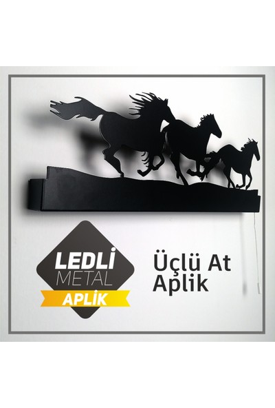 Ledli Üçlü At Figürlü Metal Aplik Duvar Dekorasyon Ipli Anahtar