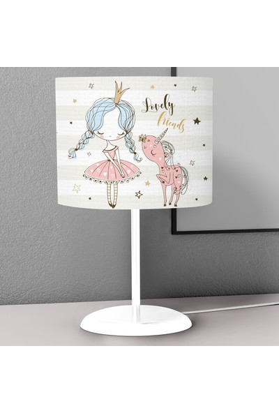İnstababyrooms Beyaz Balerin Kız ve Unicorn Desenli Çocuk Odası Dijital Baskılı Çocuk Odası Masaüstü Abajur Avize