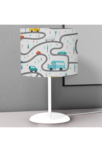 İnstababyrooms Gri Yol ve Arabalar Desenli Çocuk Odası Dijital Baskılı Çocuk Odası Masaüstü Abajur Avize