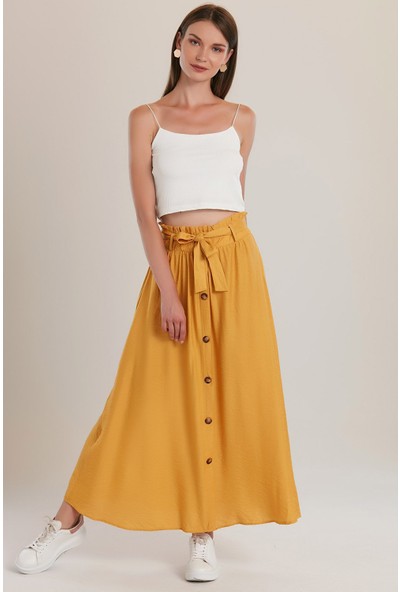 Gülseli Düğmeli Kemerli Midi Etek